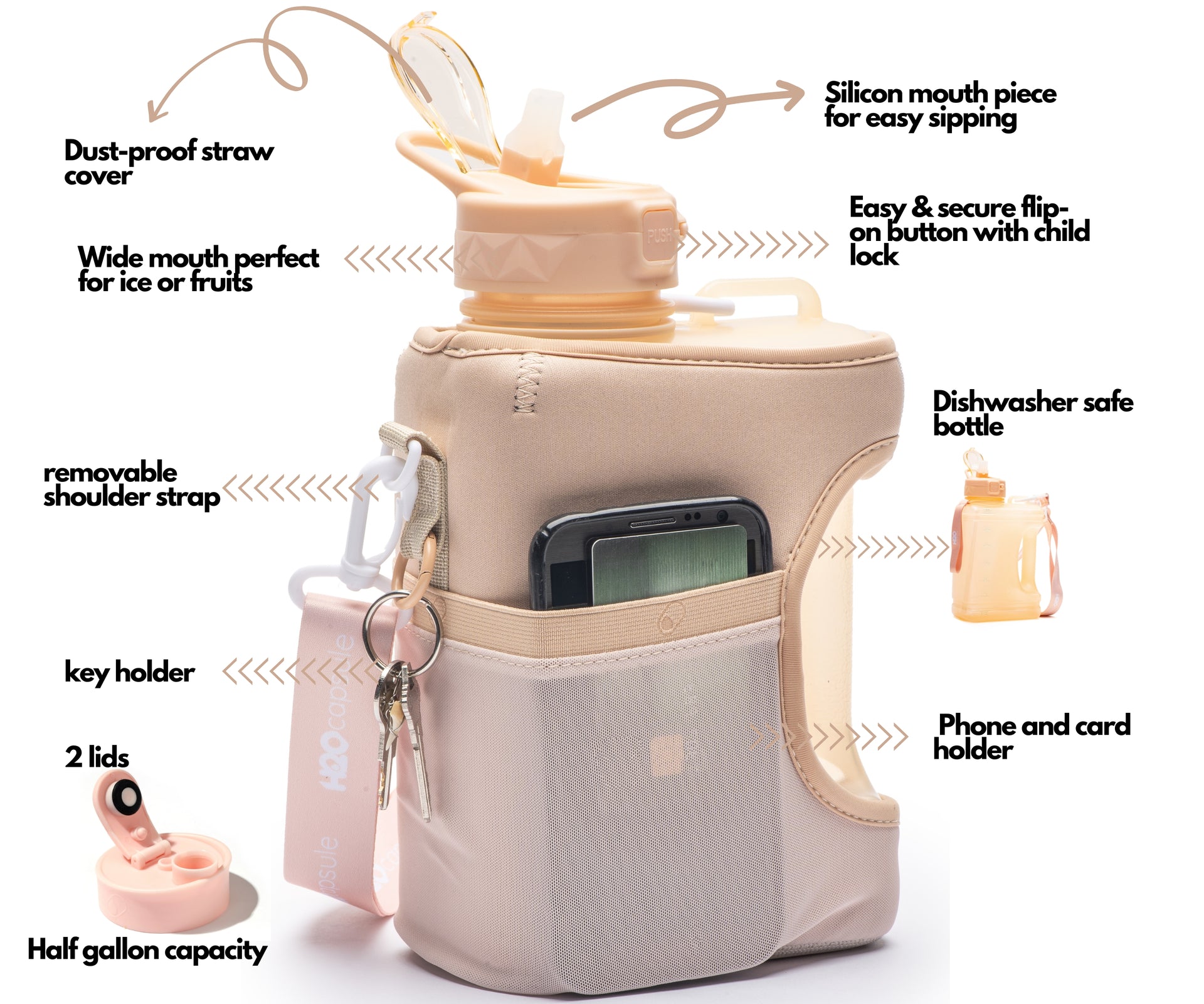 Neutral - Cube - Half Gallon Water Bottle with Storage Sleeve and 2 li ...